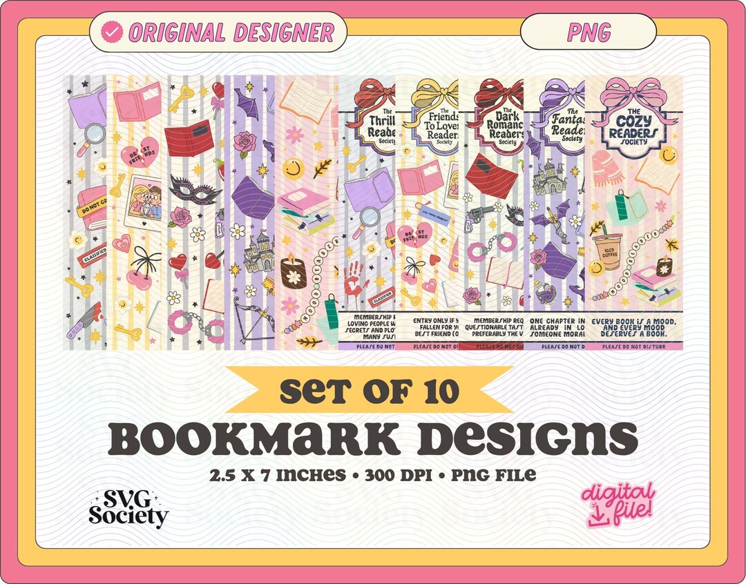 Bookish Society Bookmarks: PNG Design Bundle for Readers (digital ...