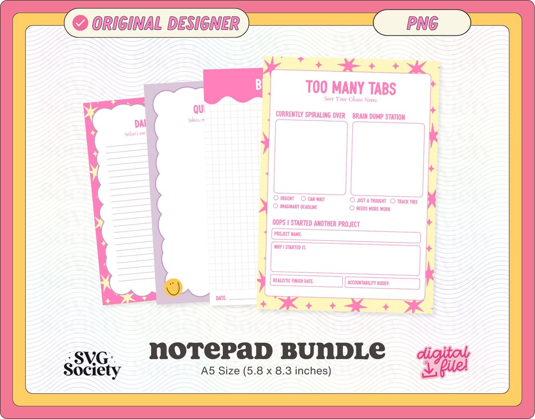 Too Many Tabs ADHD Printable Notepad Design Bundle | Craft Business ...