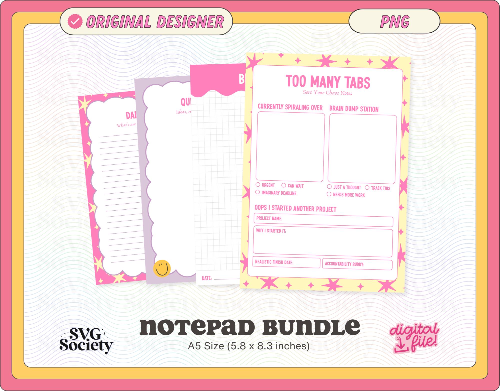 Too Many Tabs ADHD Printable Notepad Design Bundle | Craft Business ...