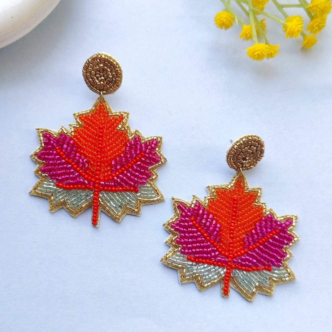 Indigenous Maple Leaf Embroidery Earrings With Multicoloured - Etsy
