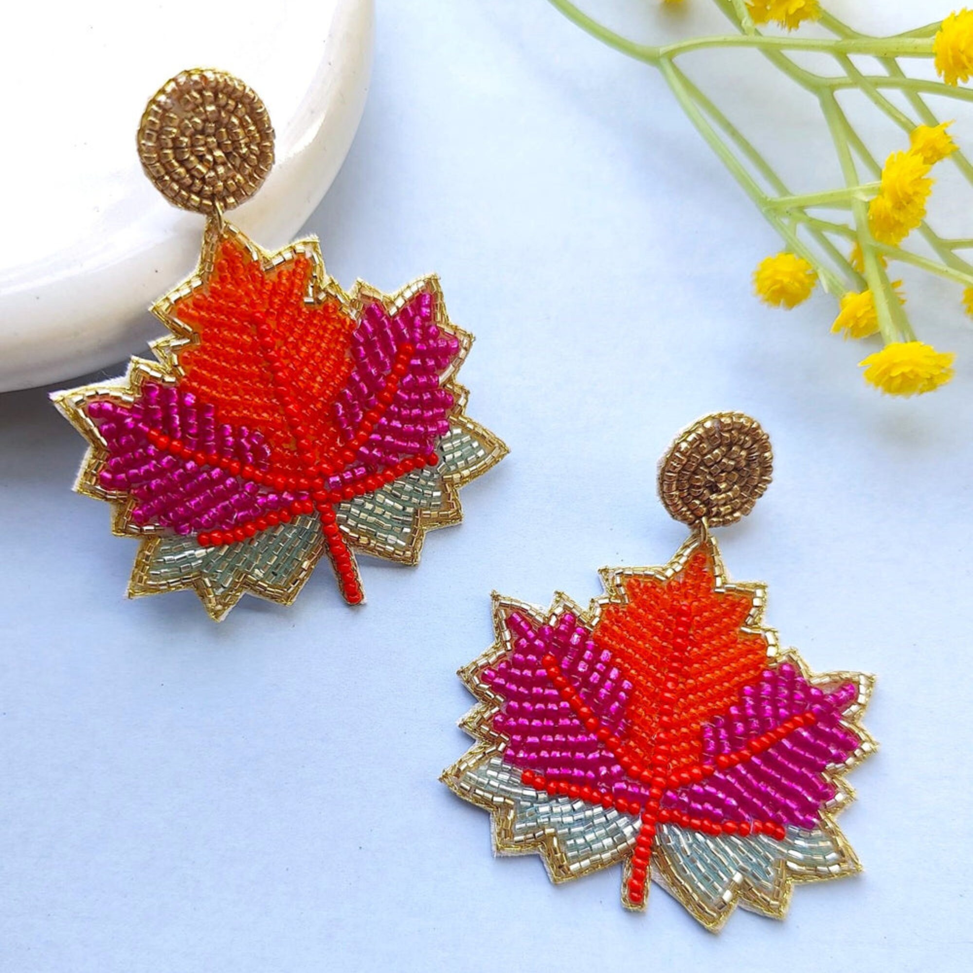 Indigenous Maple Leaf Embroidery Earrings With Multicoloured - Etsy