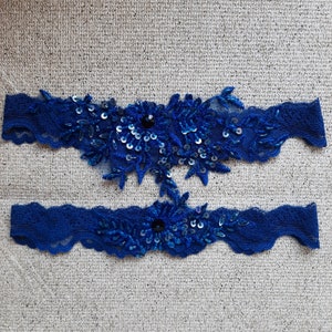Royal Blue Garter Set, Blue Sequin Lace Garters , Blue Beaded Garter ...