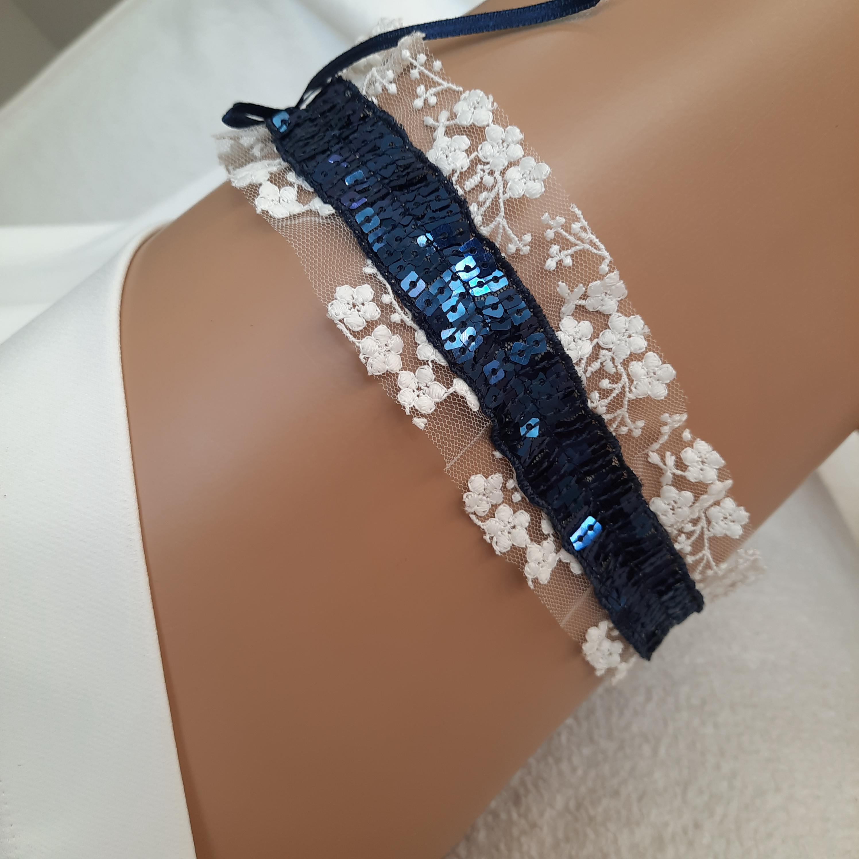 Duty Free Navy Blue Sequin Wedding Garter: Ivory Lace Bridal Garter - Etsy