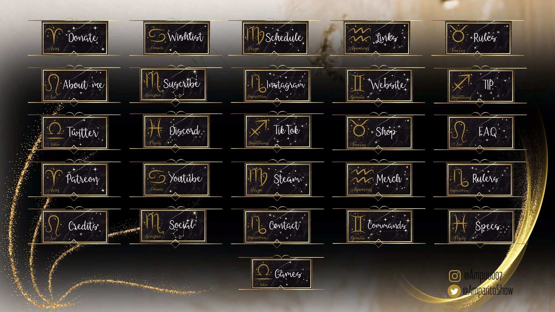 27 Zodiac Panels for Twitch: GOLDEN STARS / Zodiac / Twitch / Gold ...