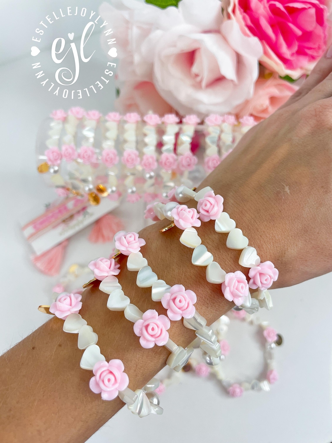 Rosey Hearts Mother of Pearl Beaded Bracelet: Feminine Boho Stack - Etsy