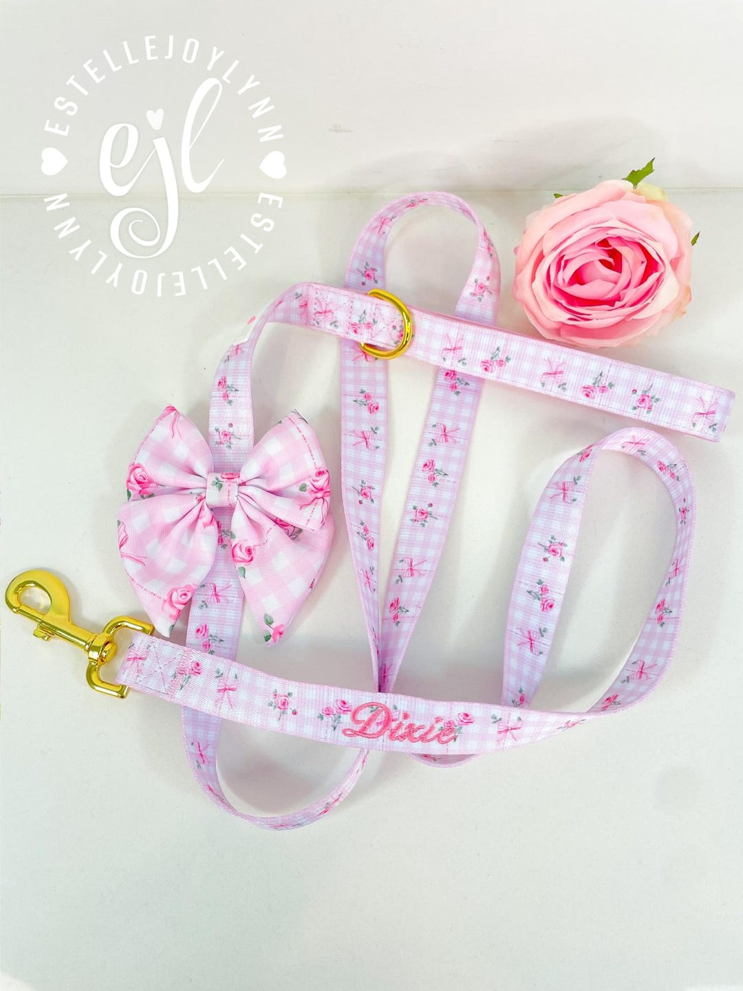 Custom Embroidered Dog Leash: Pink Gingham With Roses & Bow - Etsy