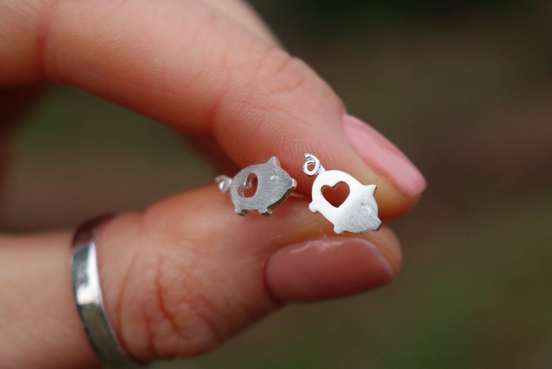 Pig Stud Earrings, Brushed Sterling Silver Pig Studs, Animal Lover Gift ...