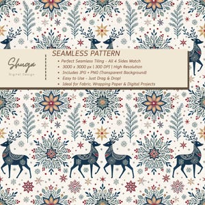 Christmas Nordic Folk Art Pattern: Reindeer, Trees, Snowflakes (JPG ...