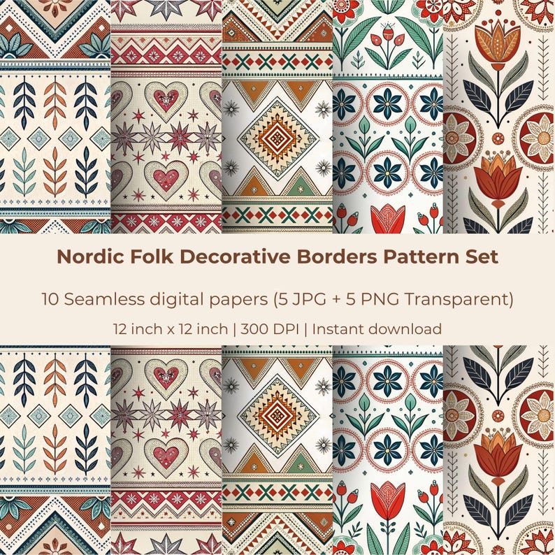 Nordic Folk Decorative Borders | Scandinavian Folk Art Digital Paper ...