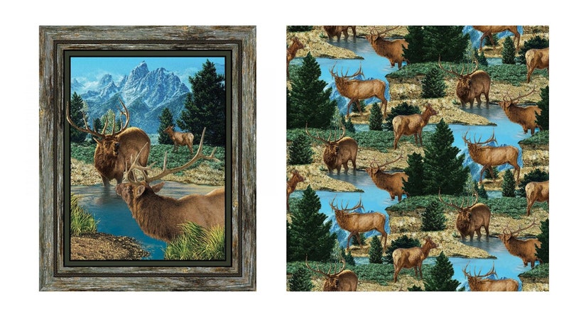 BUNDLE Elk Deer Scene Fabric Quilt Panel, Backing Bundle Kit 100% ...