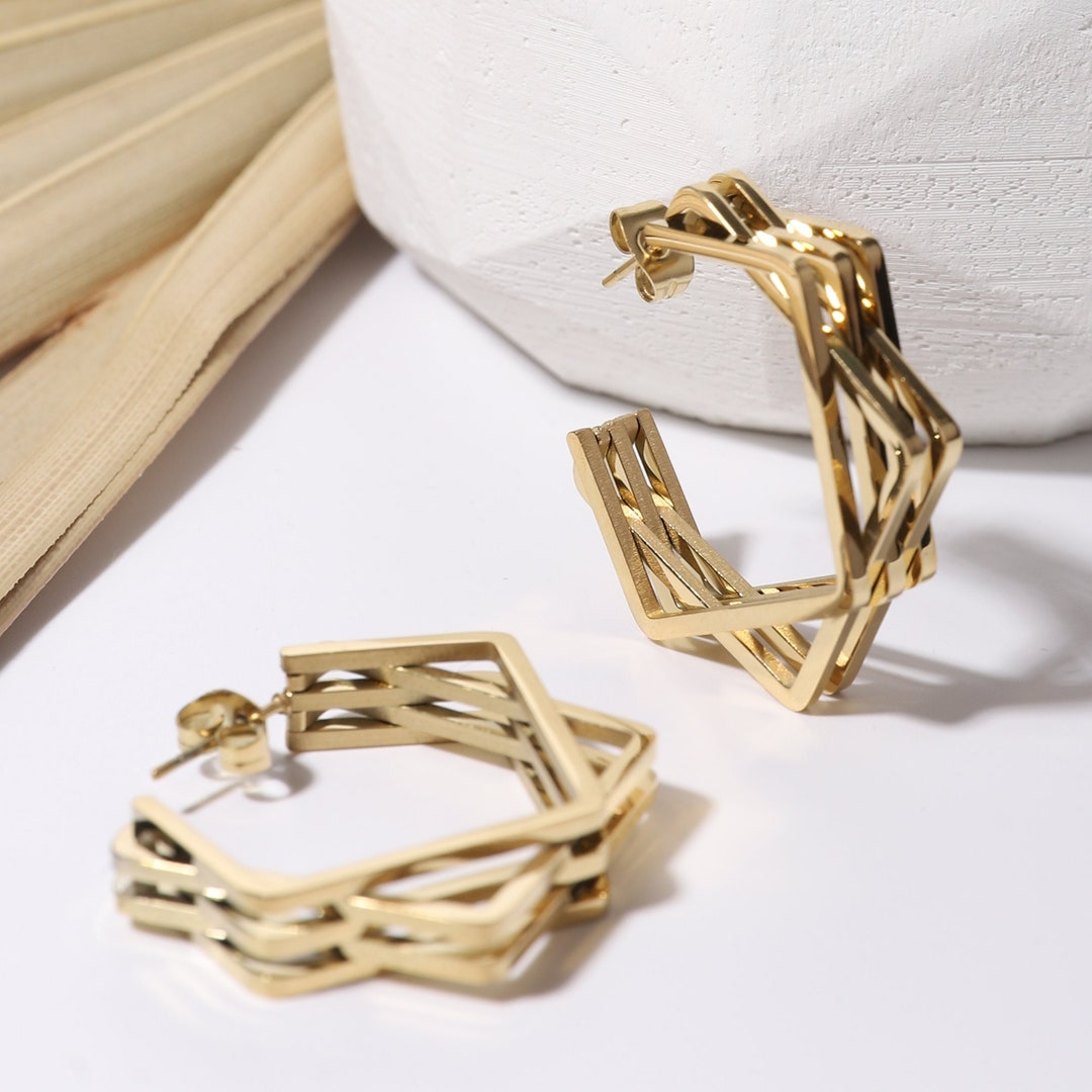 Gold Filled Geometric Hoop Hexagon Earrings Gift for Her - Etsy