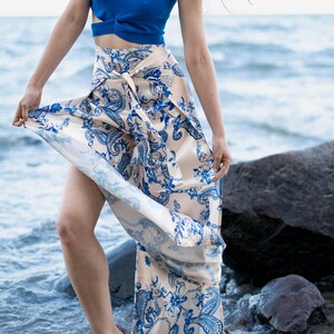 White and Blue Floral Pareo Pants, Wrap Pants, Brazilian Zouk Pants, Side Slit Trousers, Yoga ...