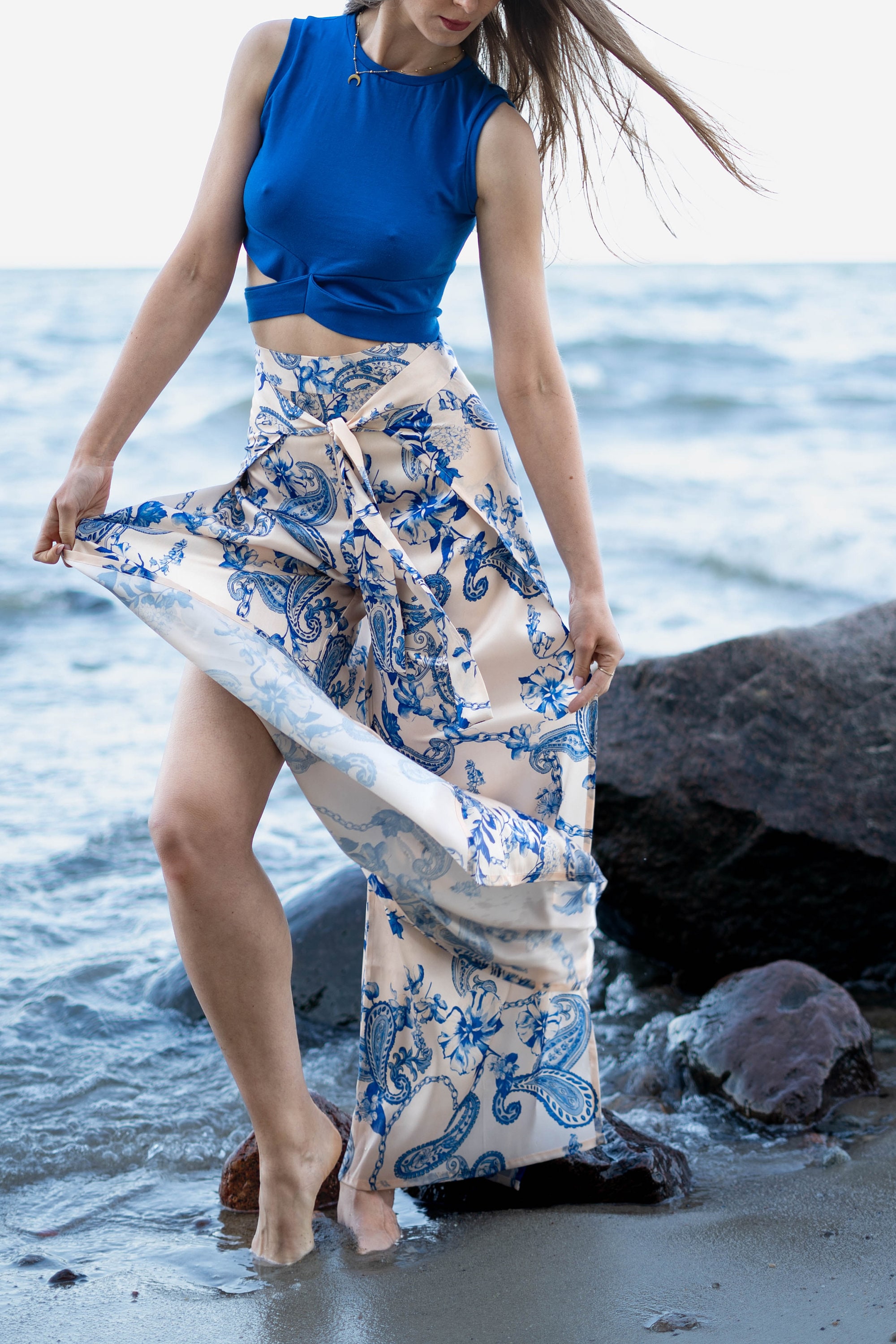 White and Blue Floral Pareo Pants, Wrap Pants, Brazilian Zouk Pants, Side Slit Trousers, Yoga ...