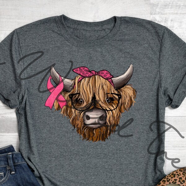 Breast Cancer Highland Cow Png - Etsy