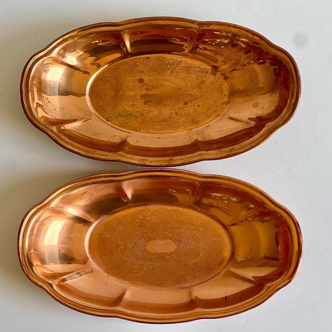 Vintage Coppercraft Guild Serving Tray Floral Engaved Solid Copper Oval ...