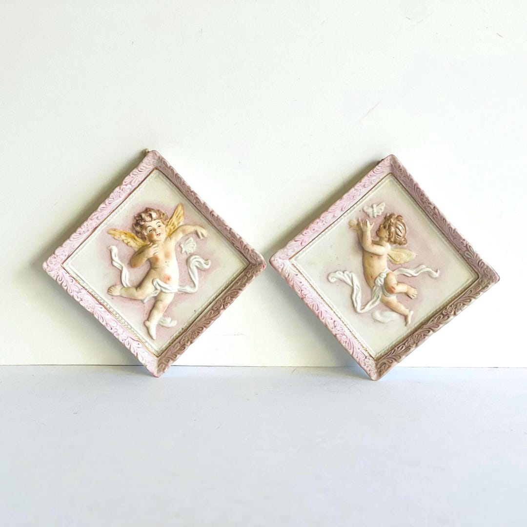 Vintage Hand Painted Porcelain Bisque Angel Wall Plaques Pink Cherub 3D ...