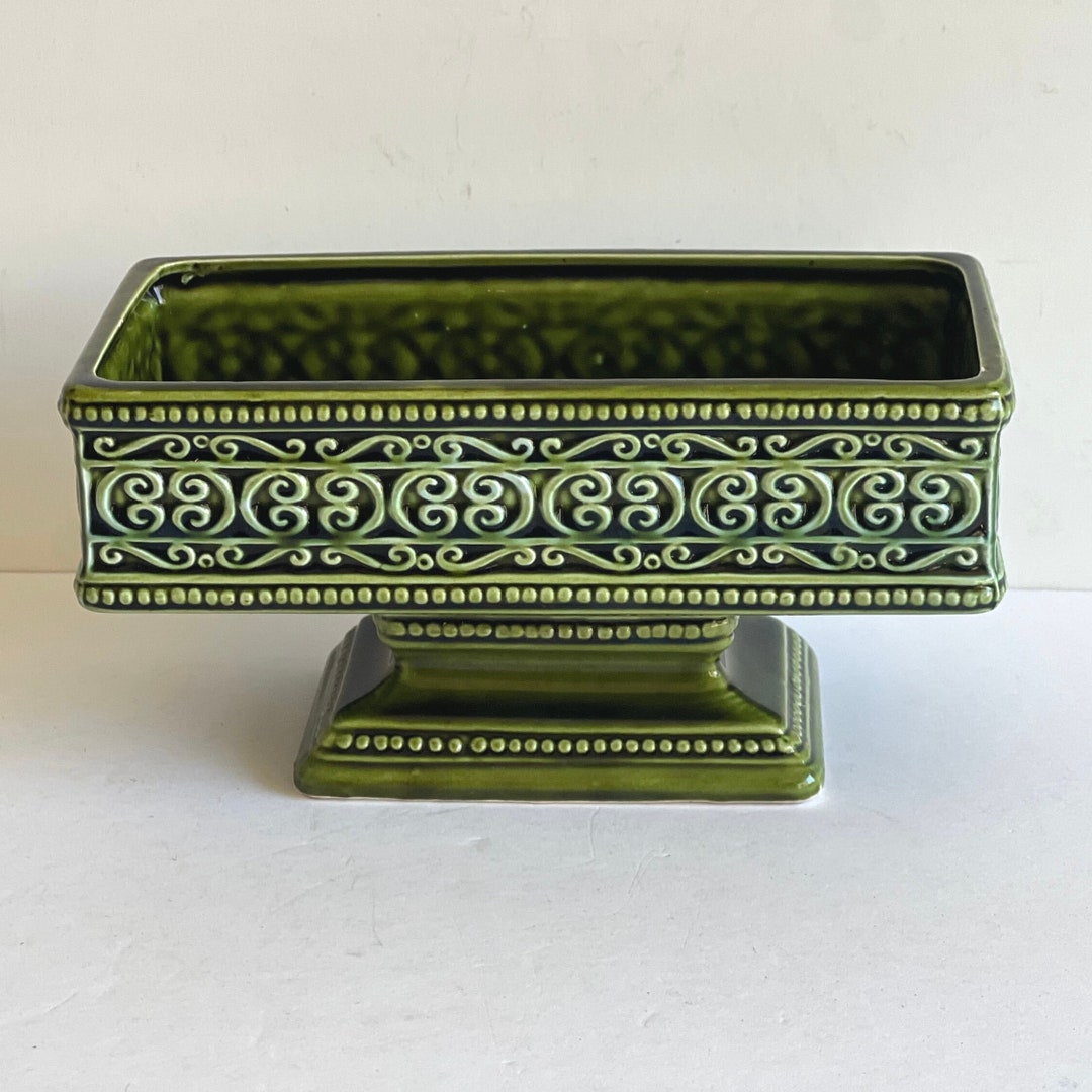 Vintage E.O. Brody Pedestal Green Planter Avocado Green Scroll ...