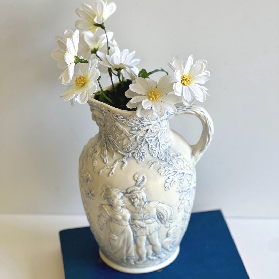 Vintage Renaissance Style Pitcher Ceramic Raised Relief Pitcher Blue ...