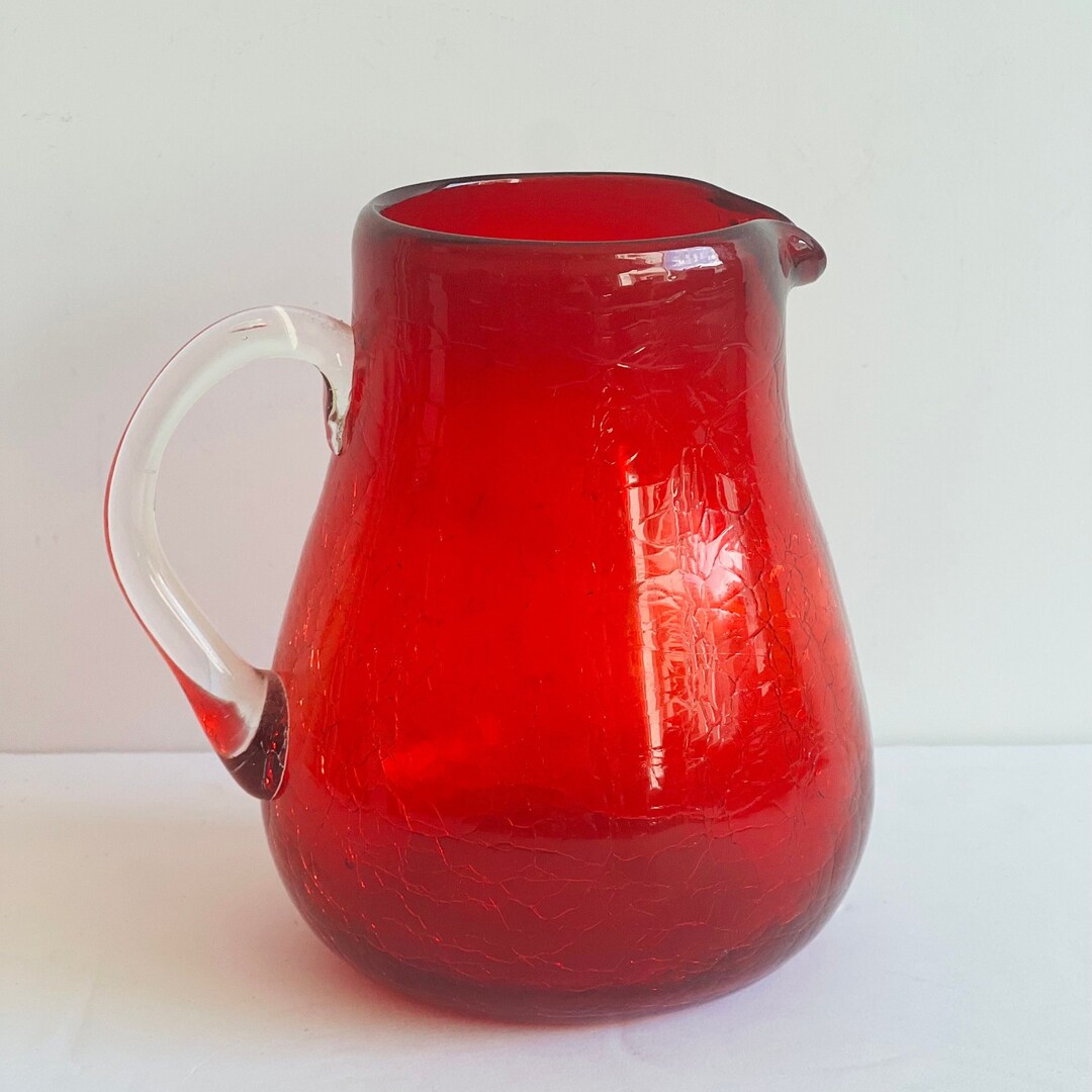 Vintage Ruby Red Crackle Glass Pitcher With Clear Applied Handle Hand ...
