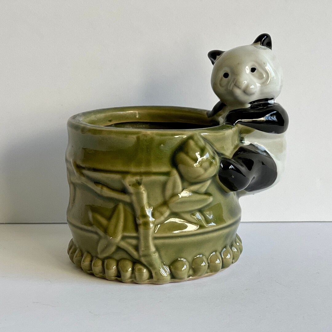 Majolica Style Panda Bear Planter Green Bamboo Planter Indoor Garden ...