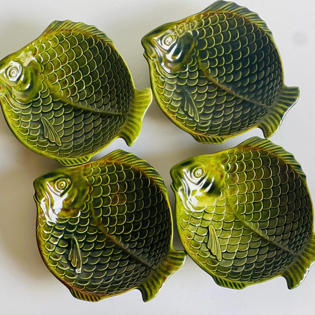 Vintage Holland Mold Fish Saucer Bowls Green Ceramic Majolica Style ...