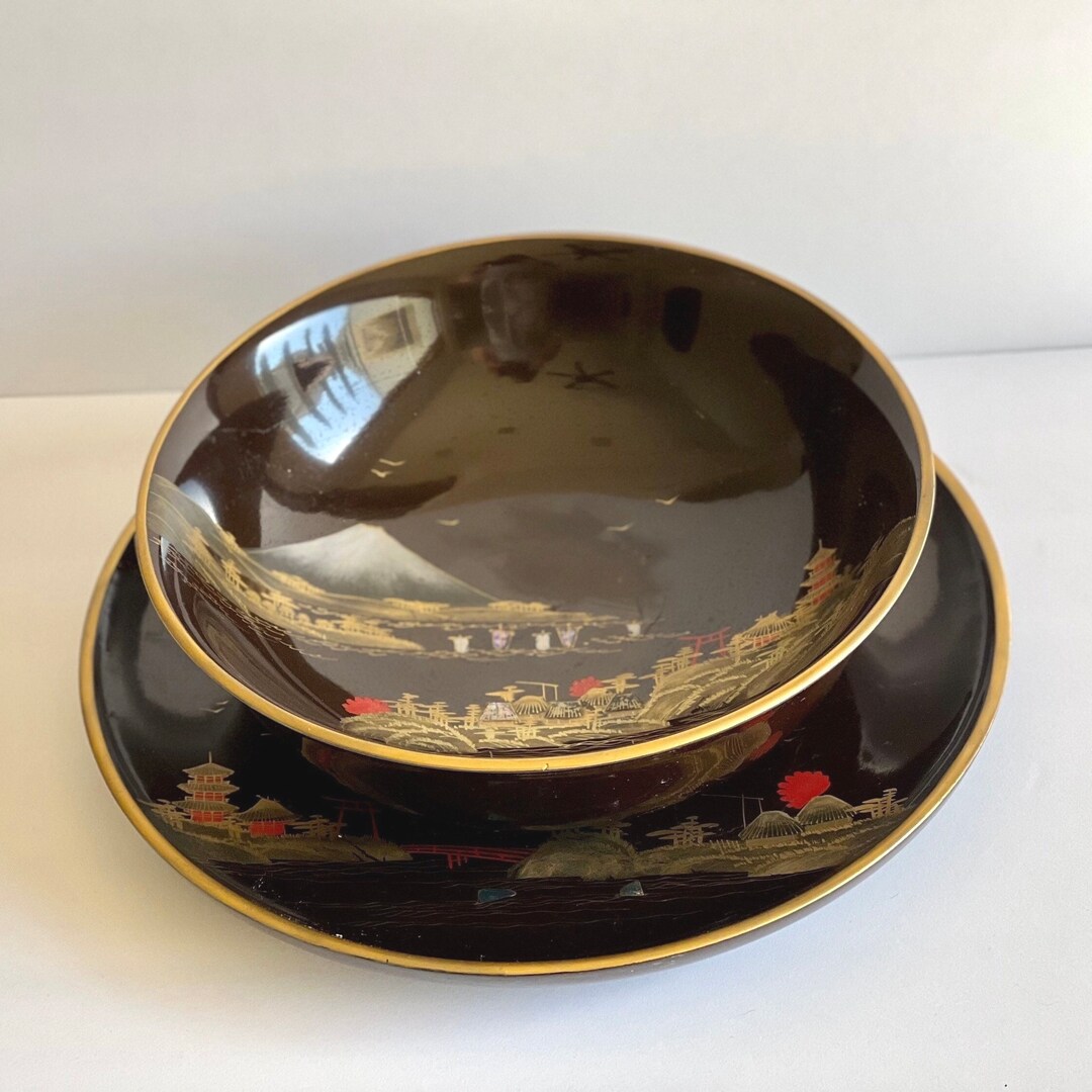 Vintage Japanese Lacquerware Bowl & Plate Set, Mother of Pearl Inlay ...