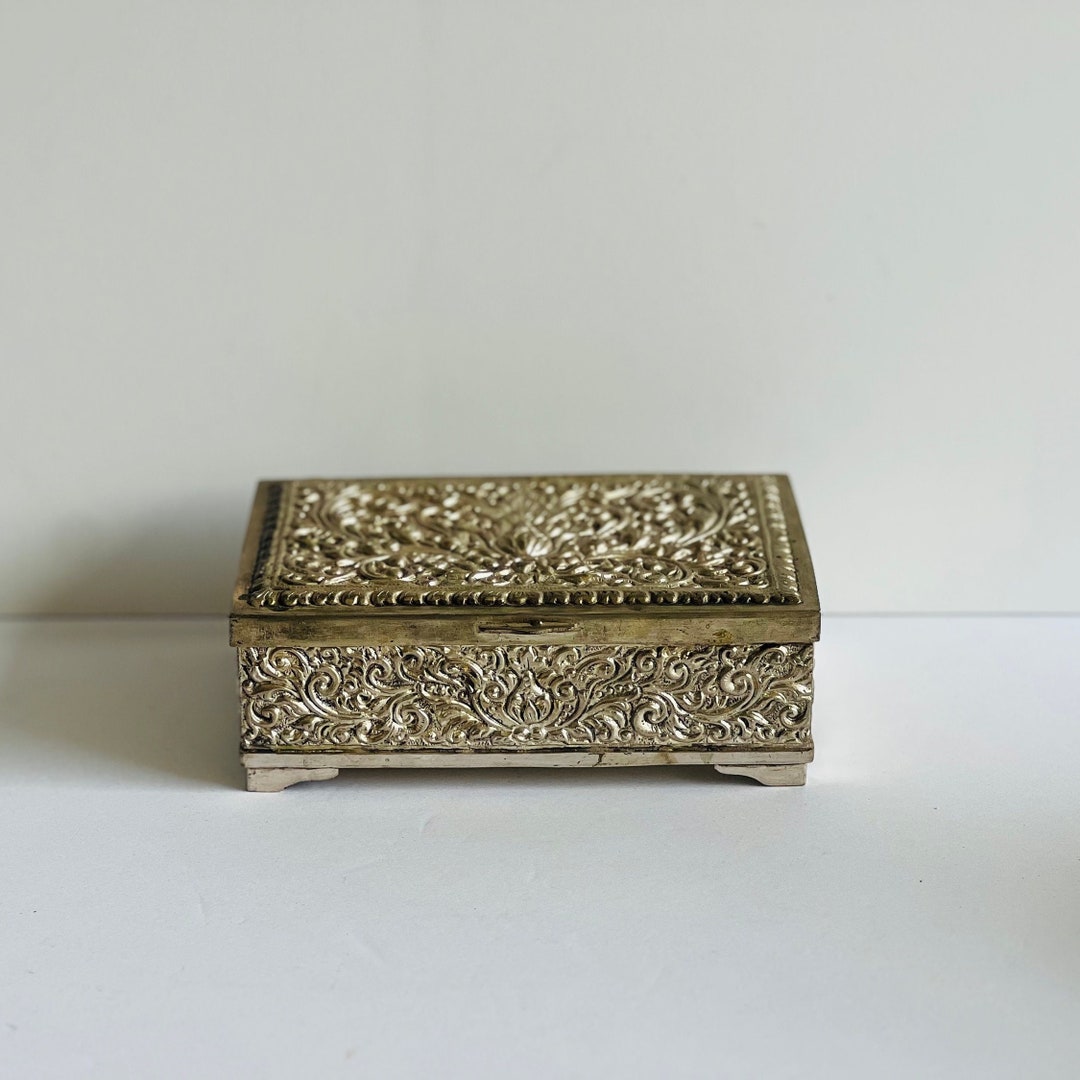 Vintage Metal Ornate Jewelry Box Silver Toned Trinket Box Red Velvet ...