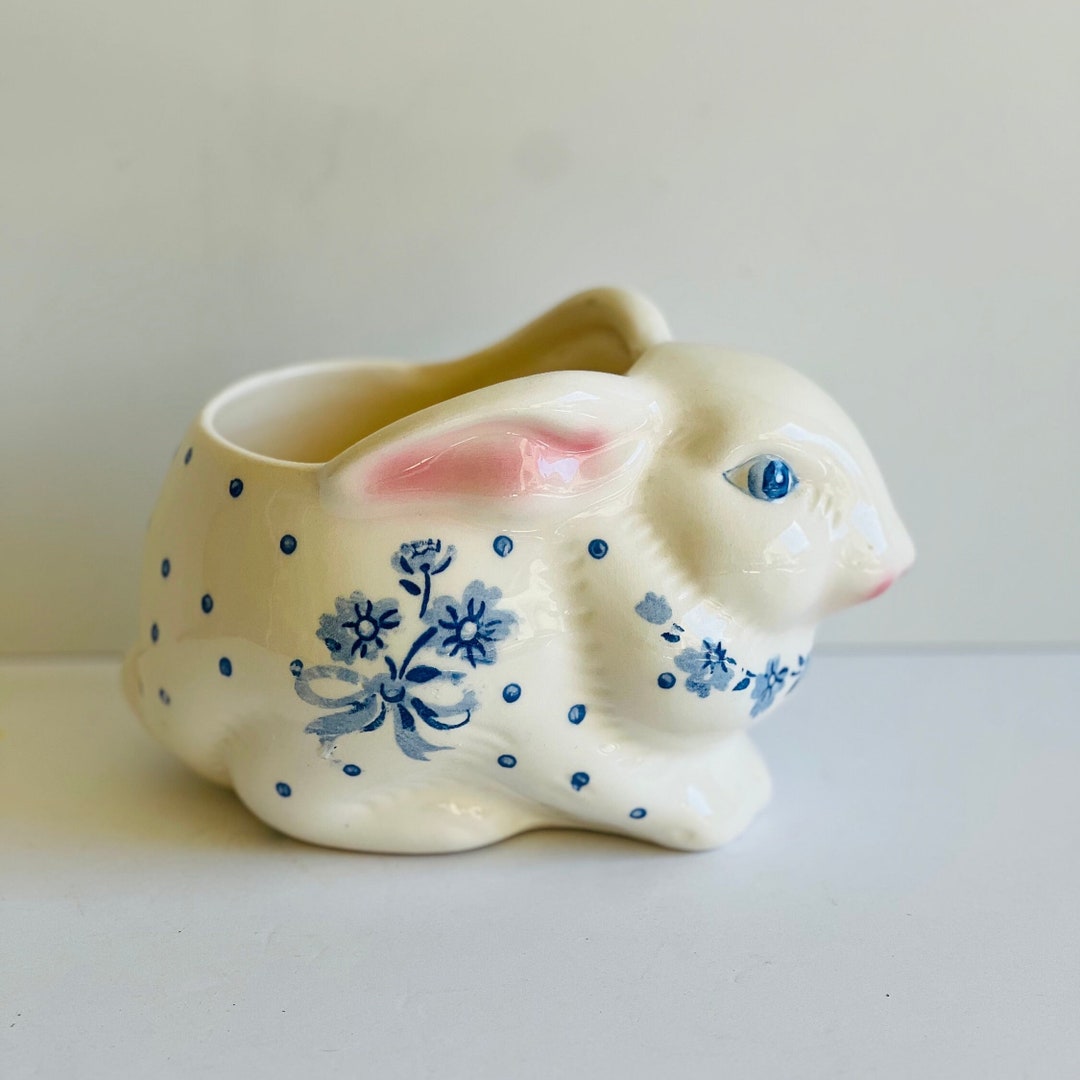 Vintage Ceramic Bunny Rabbit Planter Blue White Floral Vase - Etsy