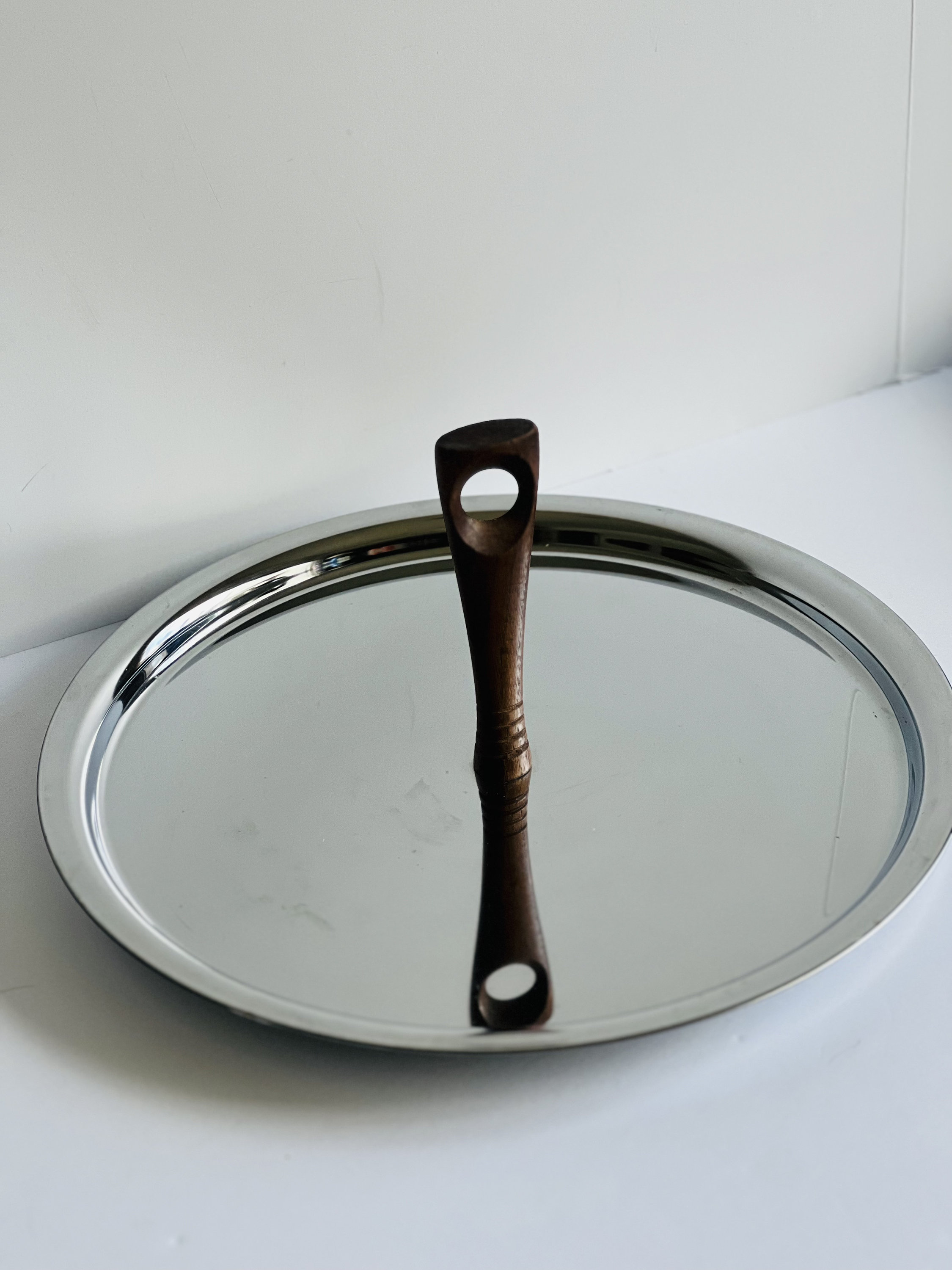 Chrome Serving Platter With Wood Handle MCM Serving Tray - Etsy