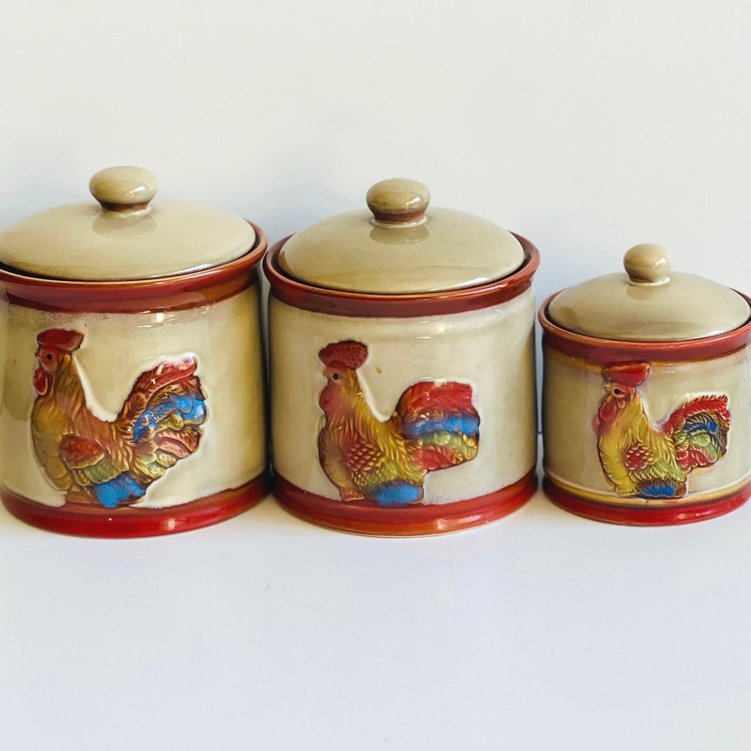 Vintage Rooster Canisters: Farmhouse Kitchen Glazed Pottery Canisters ...