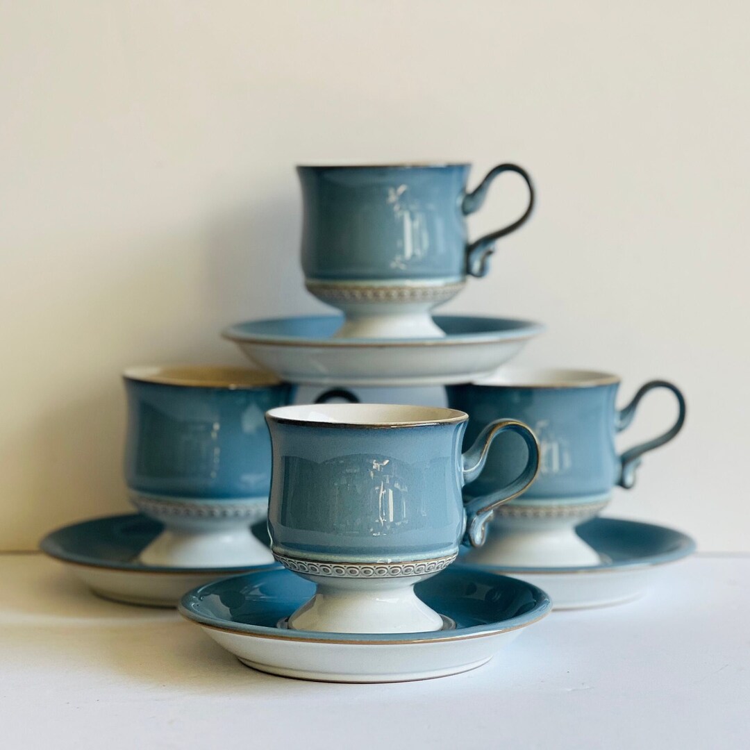 Vintage Denby Footed Cup Saucer Set Castile Pattern Made in England Set ...