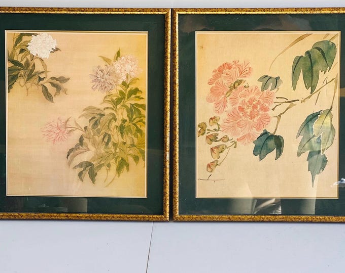 Vintage Framed Asian Style Lithograph Wall Decor Peonies Flowers Wall ...