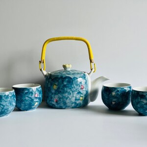 Japanese Style Tea Pot Set Blue Turquoise Floral Sake Tea Pot Vintage ...