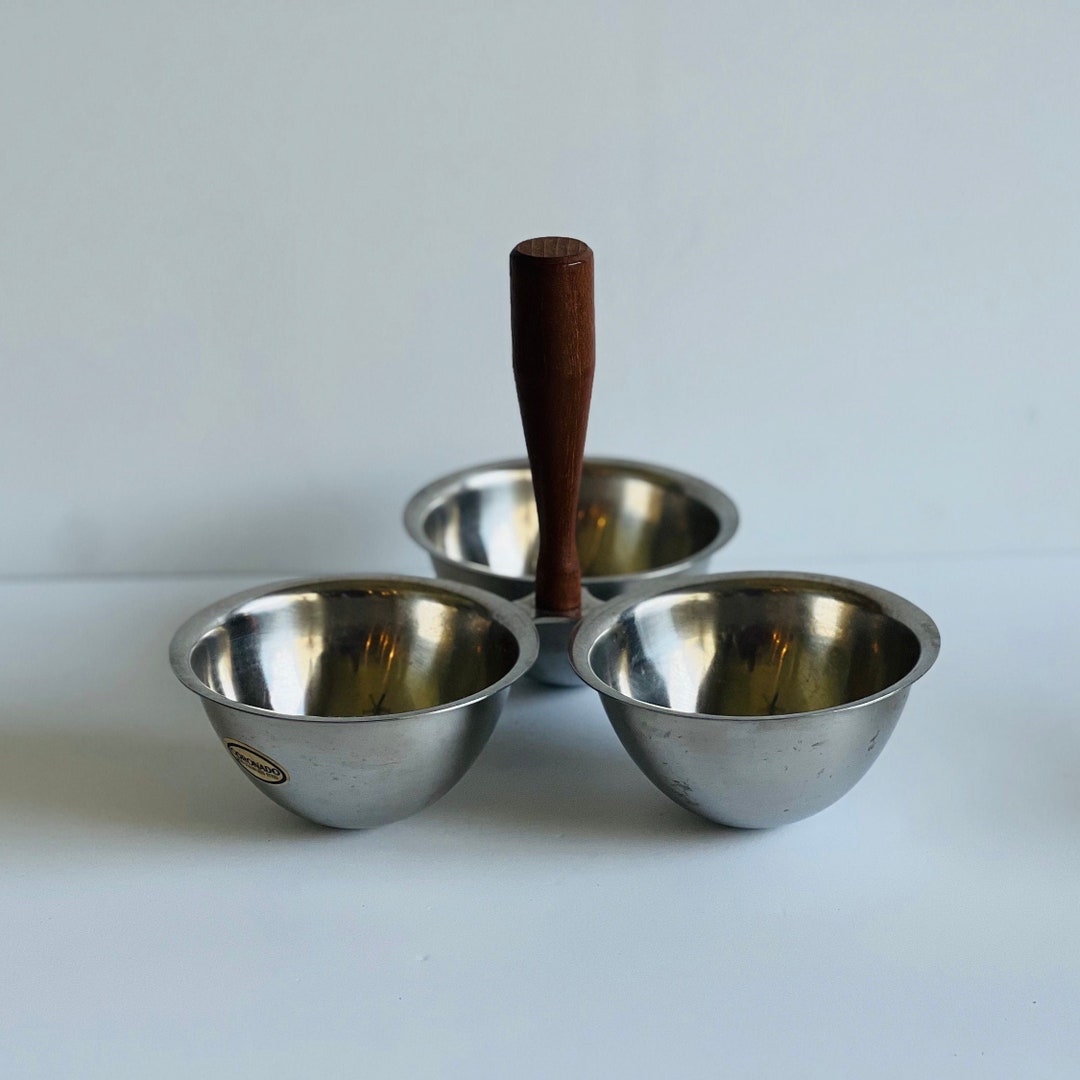 Vintage Condiment Server Caddy Stainless Steel Serving Bowls Teak ...