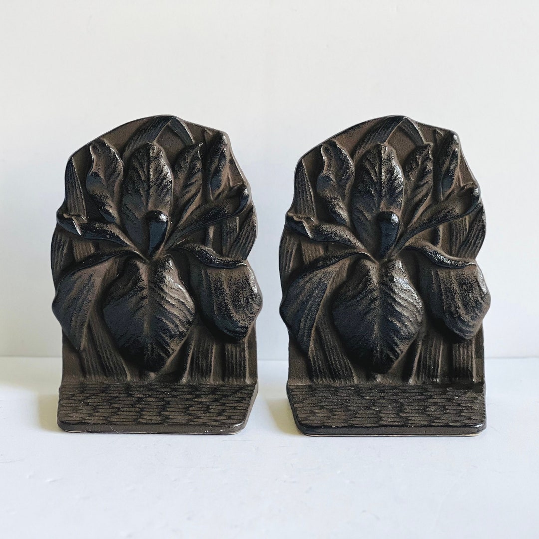 Vintage Art Nouveau Style Japanese Cast Iron Bookends Iris Flower ...