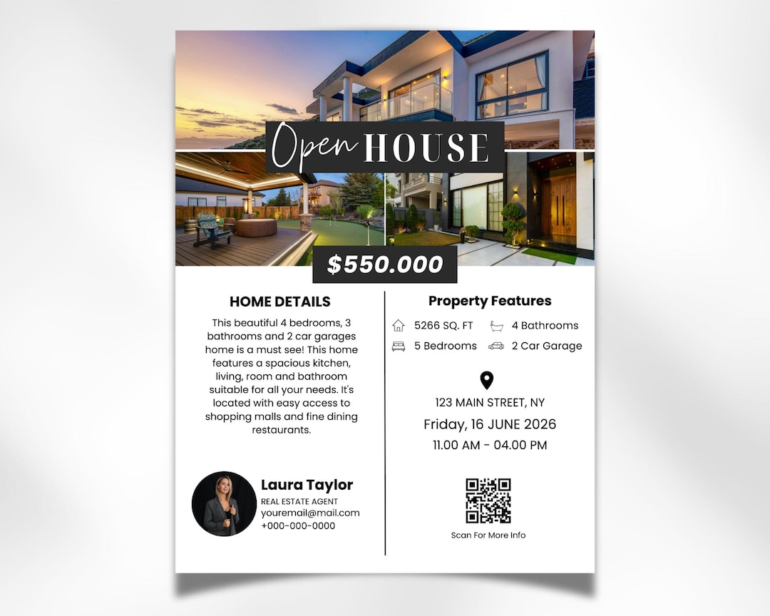 Brokers Open House Flyer Canva Template With QR Code, Property Listing ...