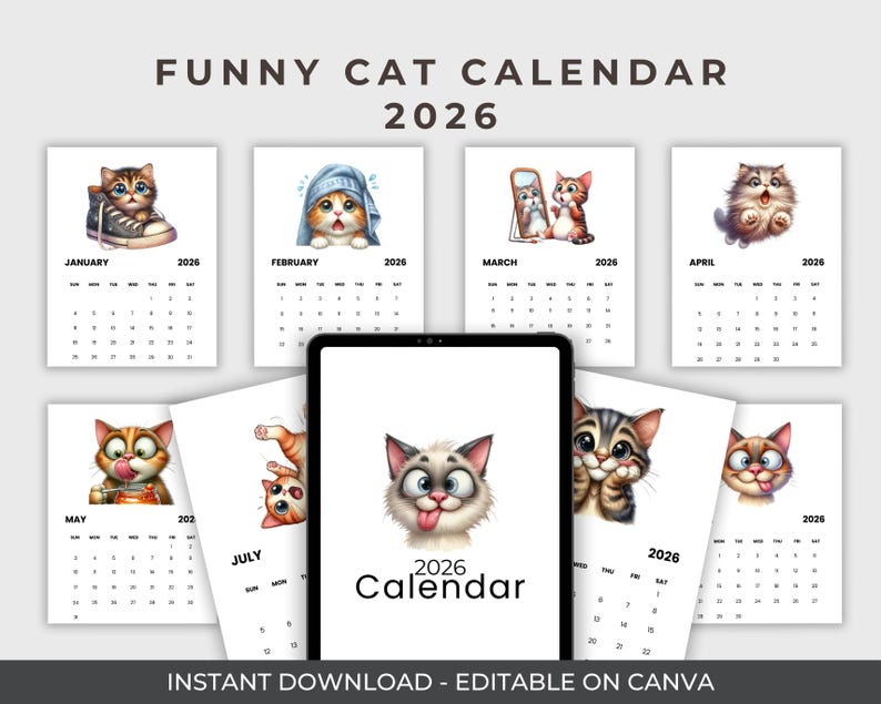 Funny Cat Calendar 2026 | A5 Printable PDF | Sunday Start | Digital ...