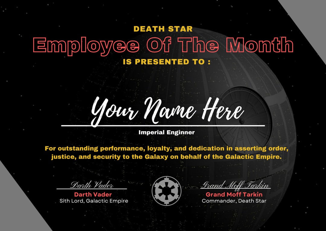Star Wars Award Certificate Galactic Empire Death Star Employee Instant ...
