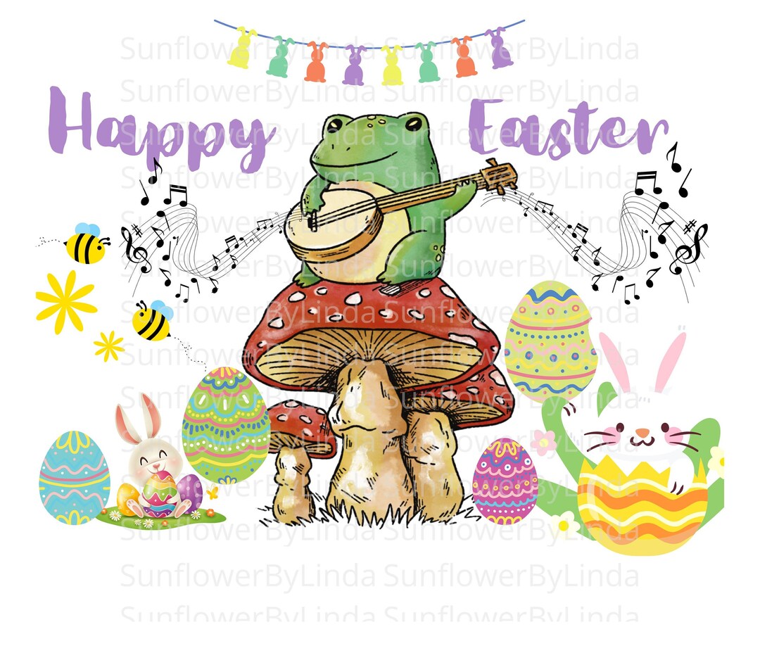 Cottagecore Happy Easter PNG, Frog and Red Mushrooms With Easter Eggs ...