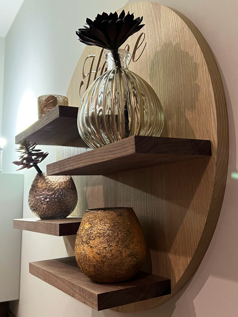 Oak Round Wall Rack With Walnut Planks 60 Cm - Etsy