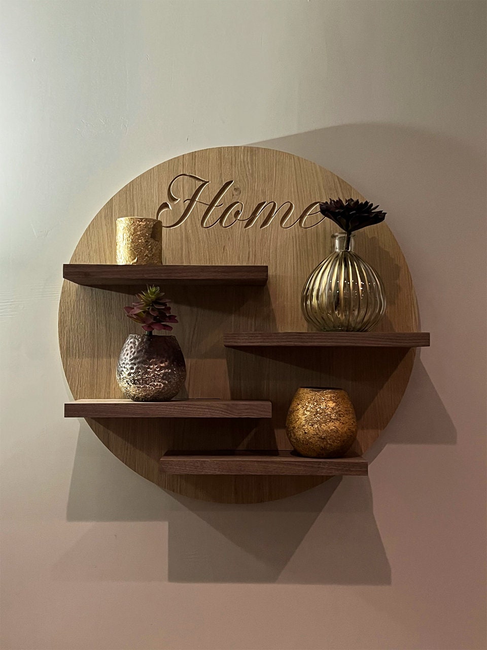 Oak Round Wall Rack With Walnut Planks 60 Cm - Etsy