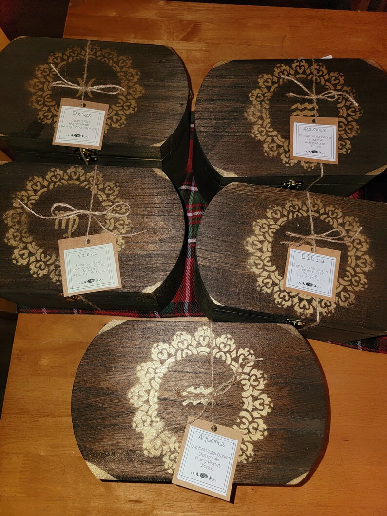 Wooden Astrology Box, Aquarius, Leo, Capricorn, Gemini, Virgo, Taurus ...