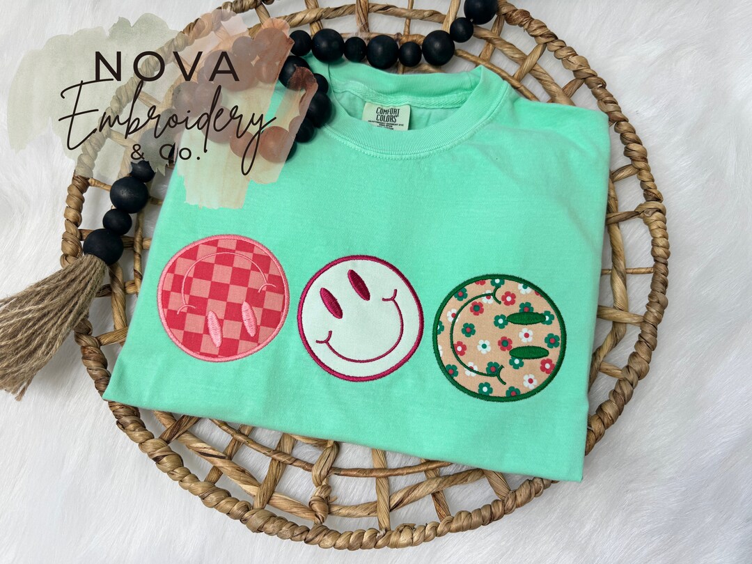 Smiley Face Tshirt, Smiley Tee, Embroidered Smiley Tee, Embroidered ...