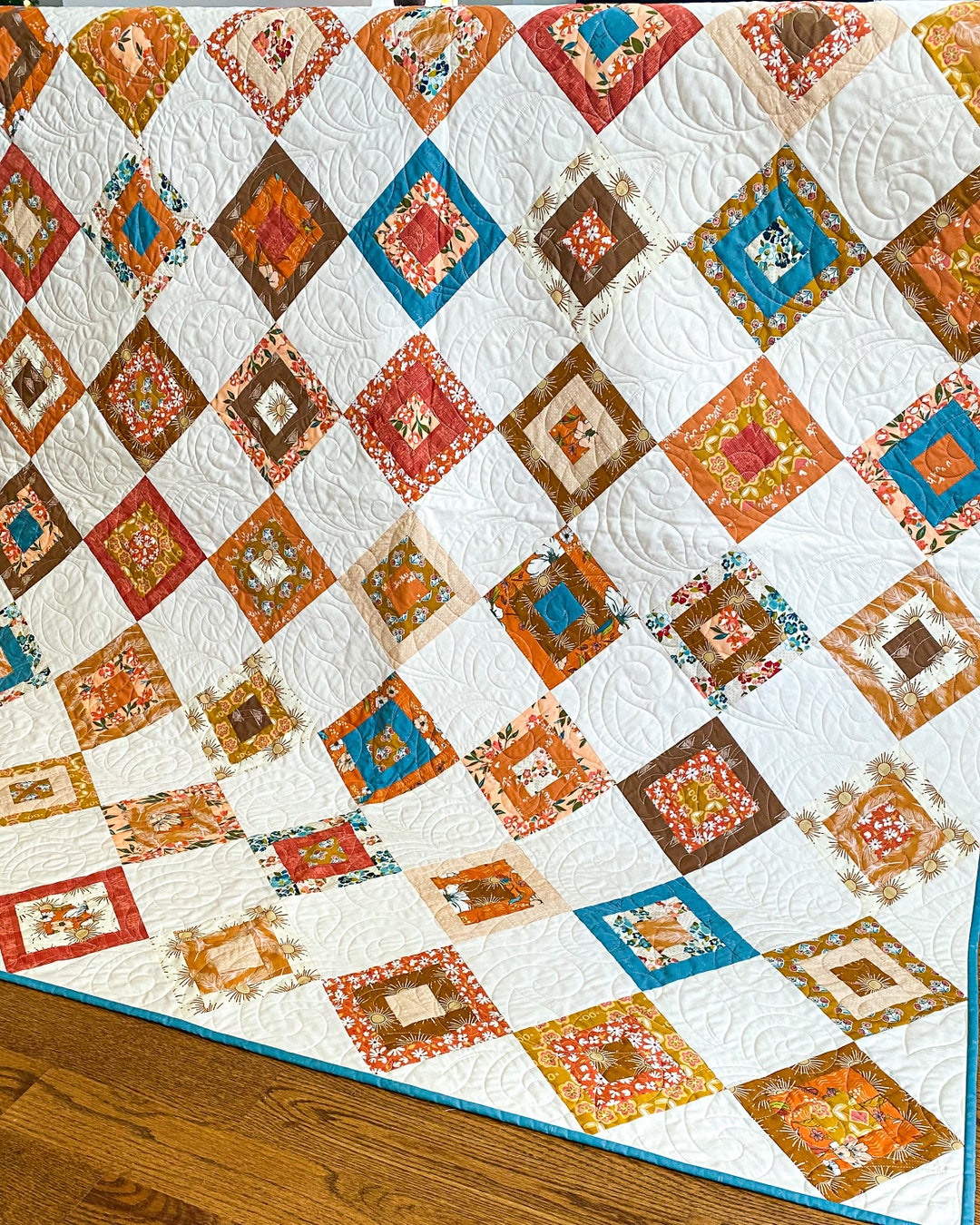 Attic Window Quilt | Handmade | Modern Patchwork | Brown| Gold| Orange ...