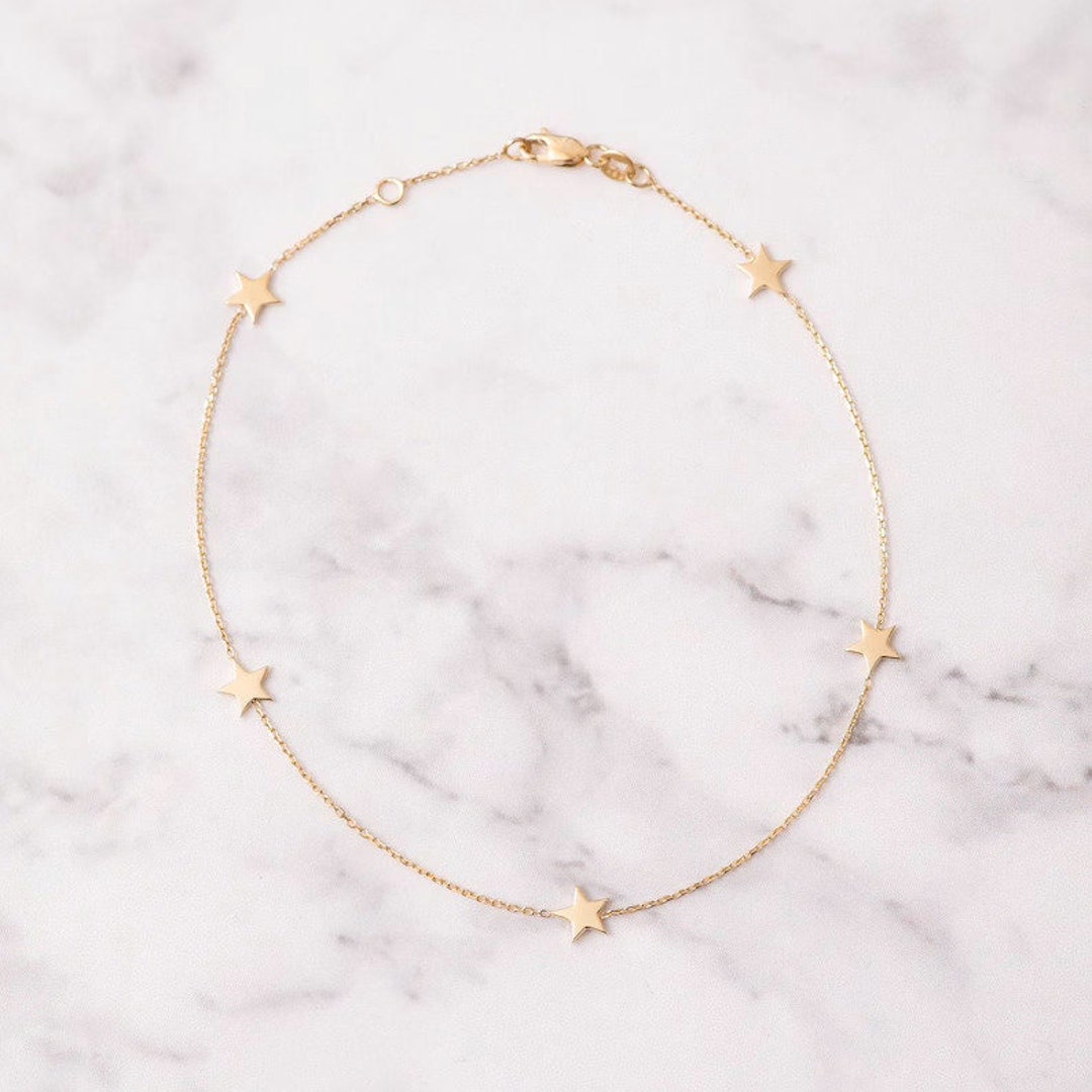 14K 18K Solid Gold Multi Stars Anklet, Rose Gold Dainty Stars Anklet ...