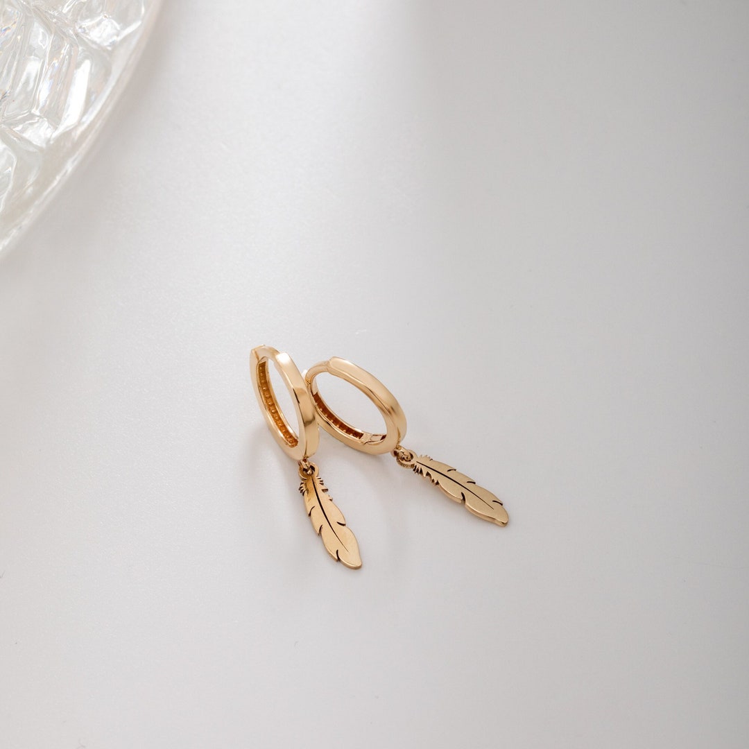 14K 18K Real Gold Bird Feather Hoop Earrings • Dainty Solid Gold Dangle ...