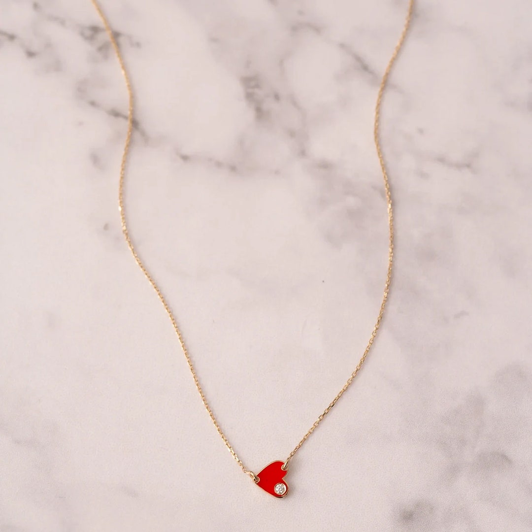 14K 18K Real Gold Enamel Heart Necklace With 0.02 Ct. Diamond, Mini ...