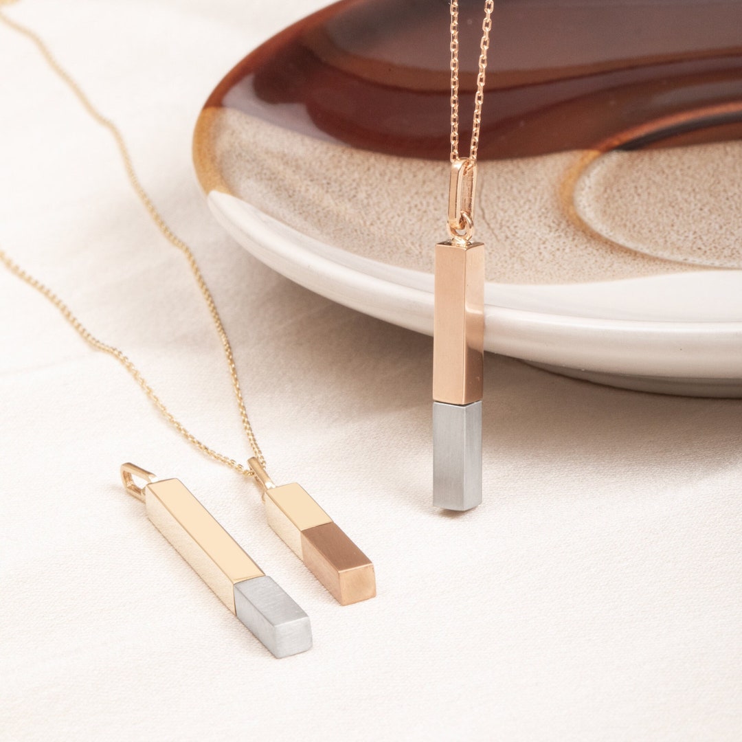 Personalized Vertical Bar Pendant in 14K 18K Real Solid Gold, Four Side ...