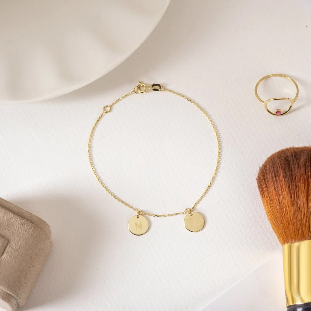 14K Real Gold Initials Disc Bracelet • Custom Daily Disc Gold Bracelet ...