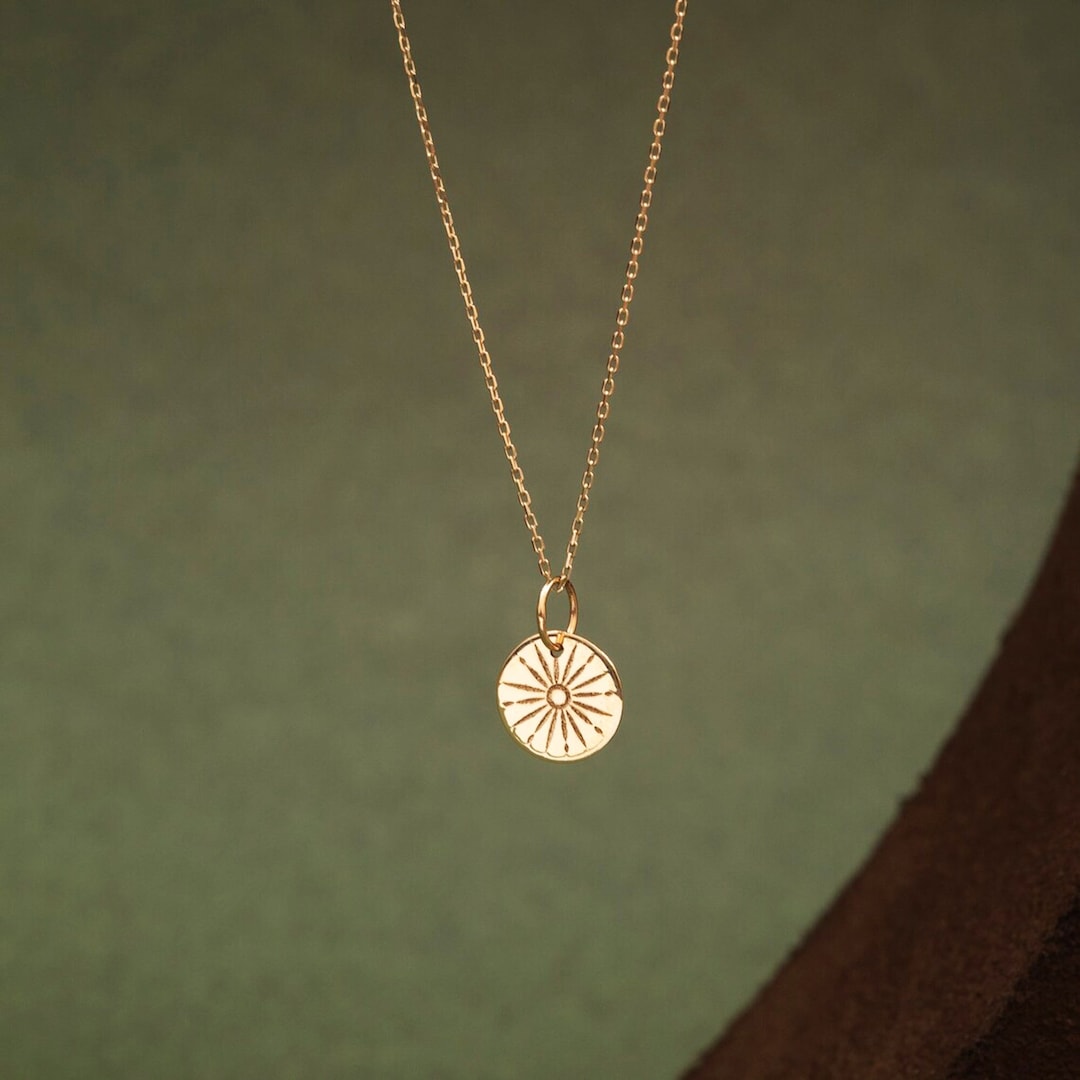14K Solid Gold Sunbeam Necklace • Custom Initial Engrave Sunshine Disc ...